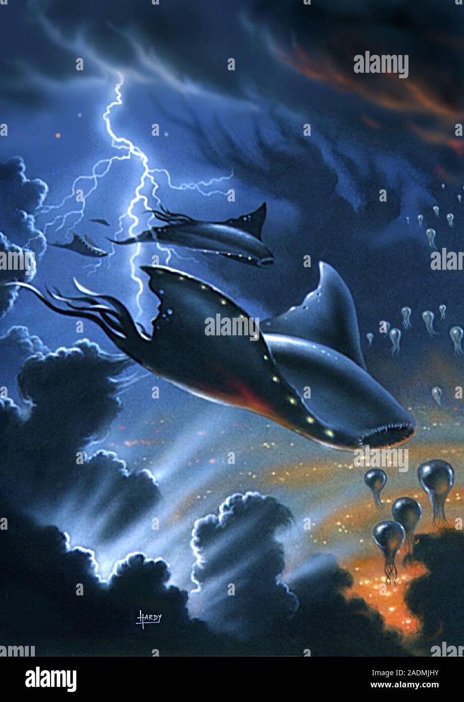 Alien life. Artwork of animals flying through clouds above an alien ...