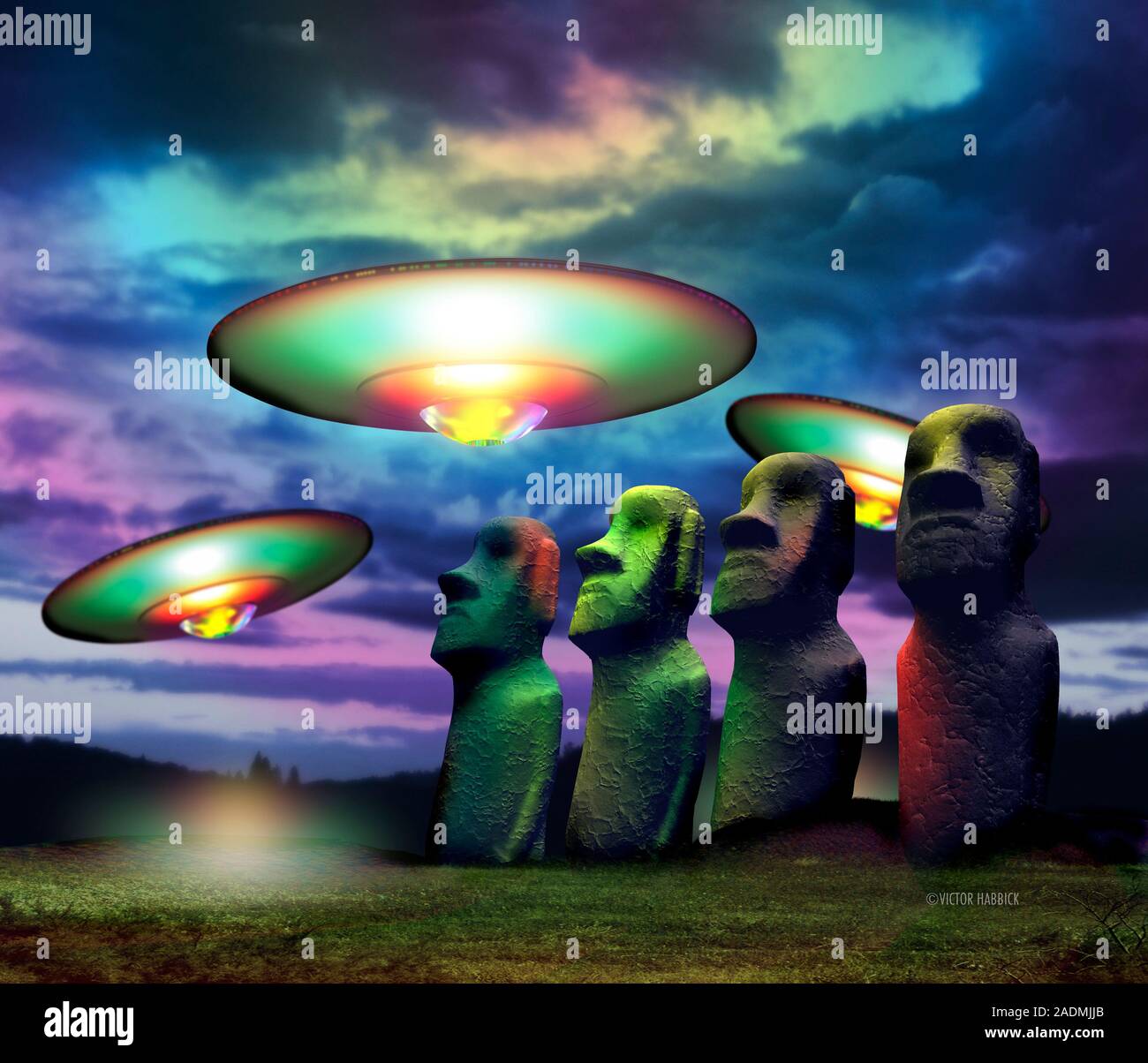 UFOs over Easter Island statues. Computer artwork of spacecraft ...