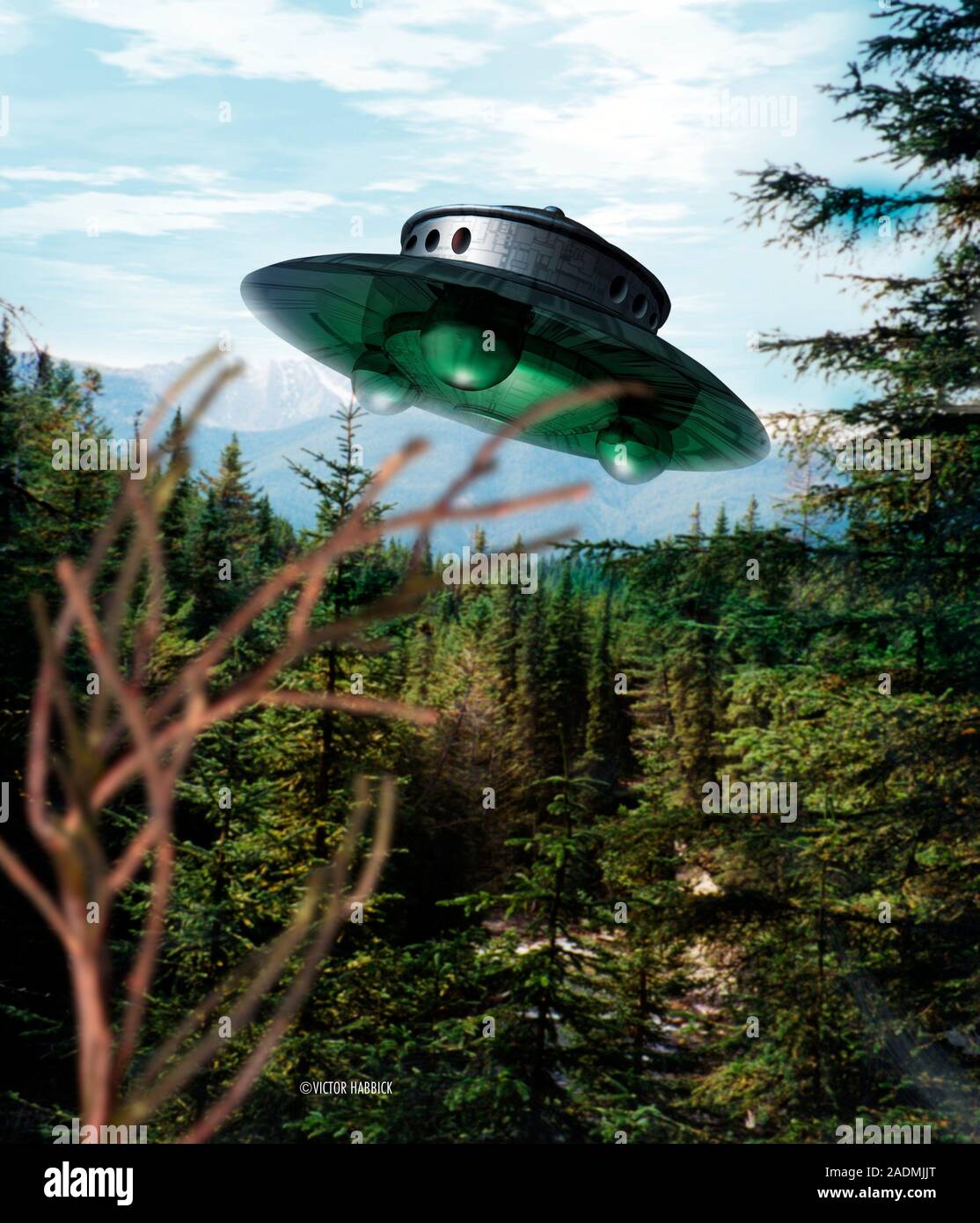 Alien spaceship over a forest, computer artwork Stock Photo - Alamy