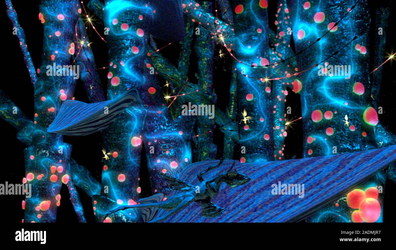 Luminescent alien underworld. Computer artwork of luminescent alien ...