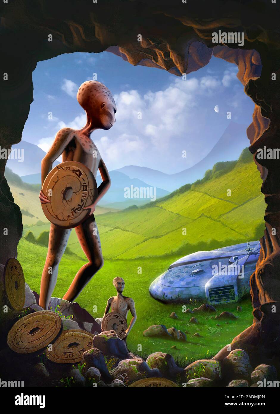 Aliens and UFO. Artwork of aliens emerging from a crashed UFO, carrying ...