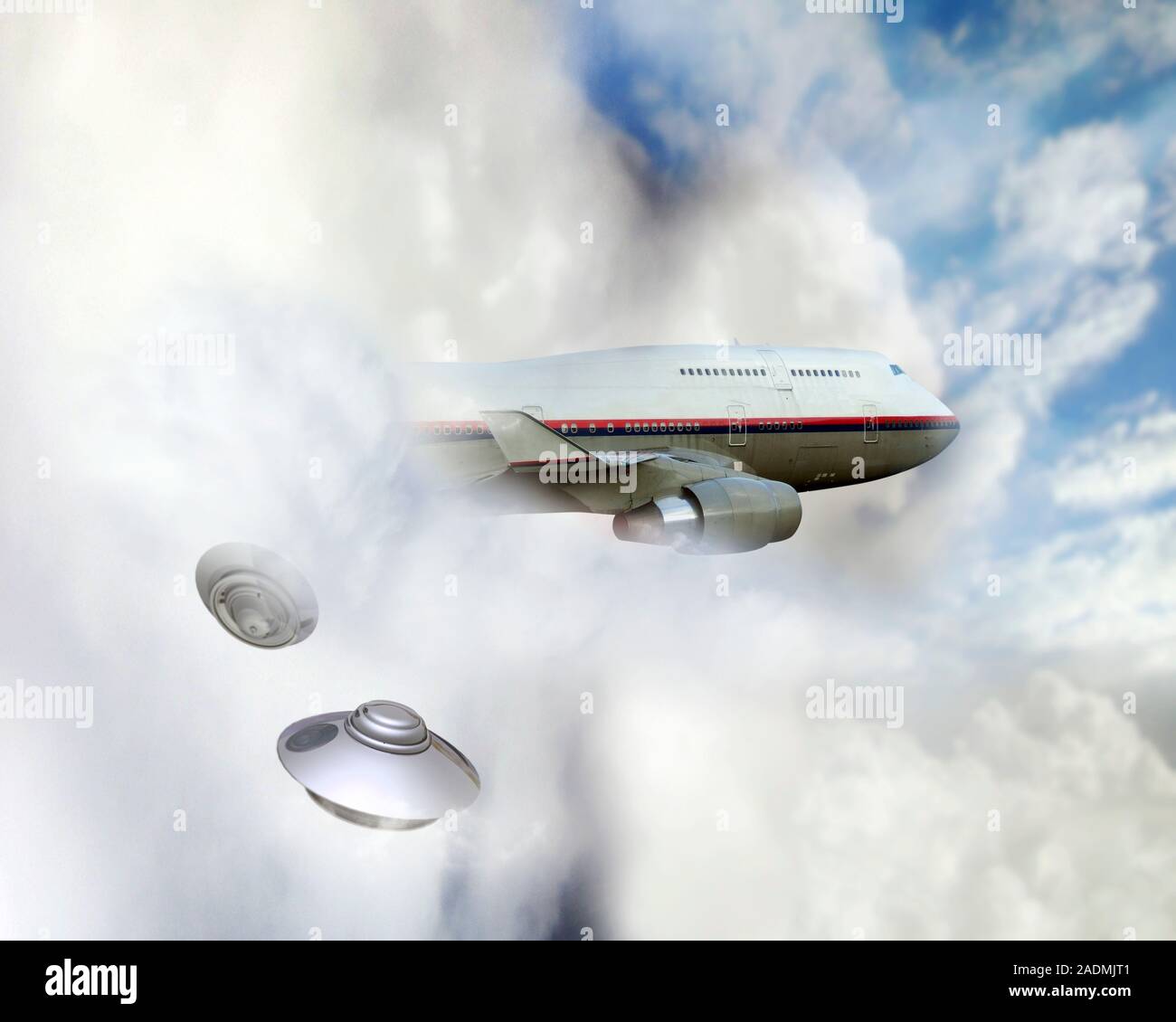 UFO sighting. Computer artwork of UFOs, (unidentified flying objects ...