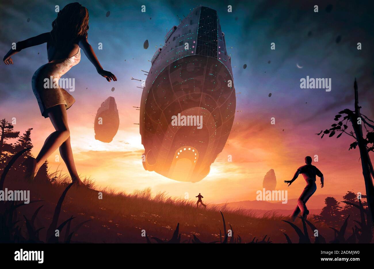 Alien invasion. Computer artwork of humans watching invading alien ...