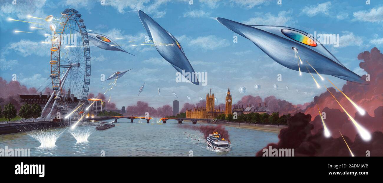 War of the Worlds. Artwork showing alien flying machines invading 21st ...