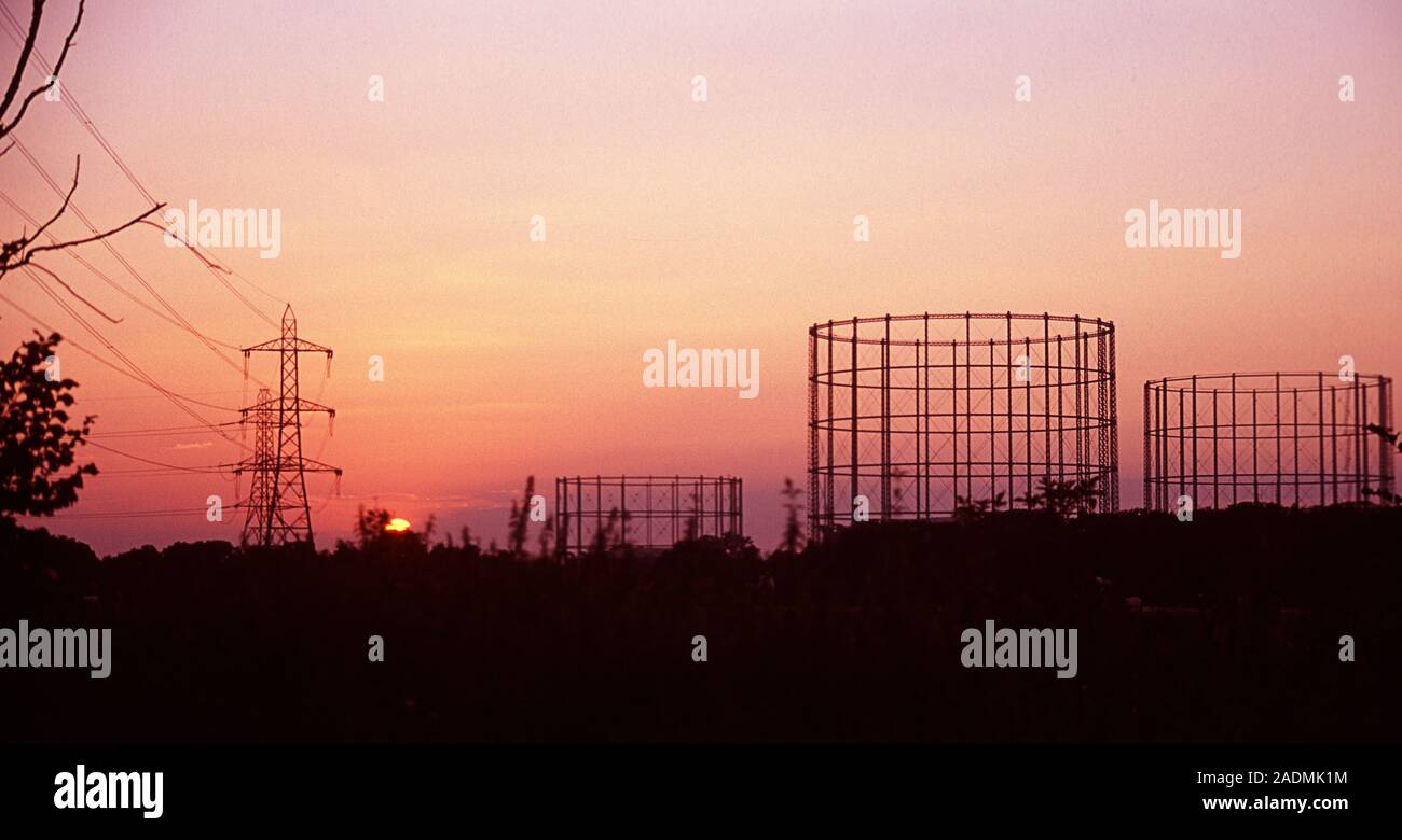 Gas storage tanks. Supporting structures of three gas storage tanks and ...
