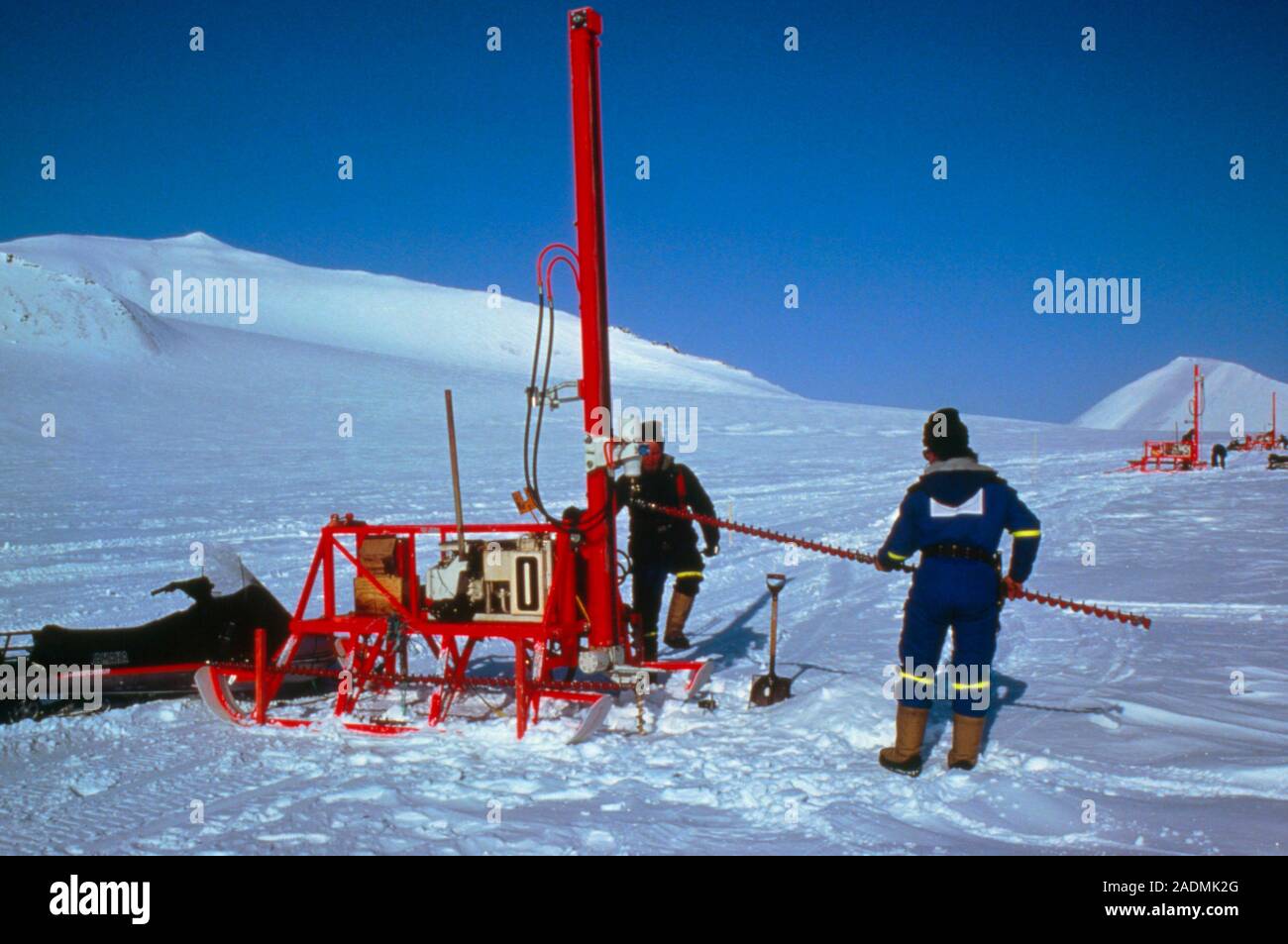 A line of drilling rigs is used to conduct a seismic survey on a ...