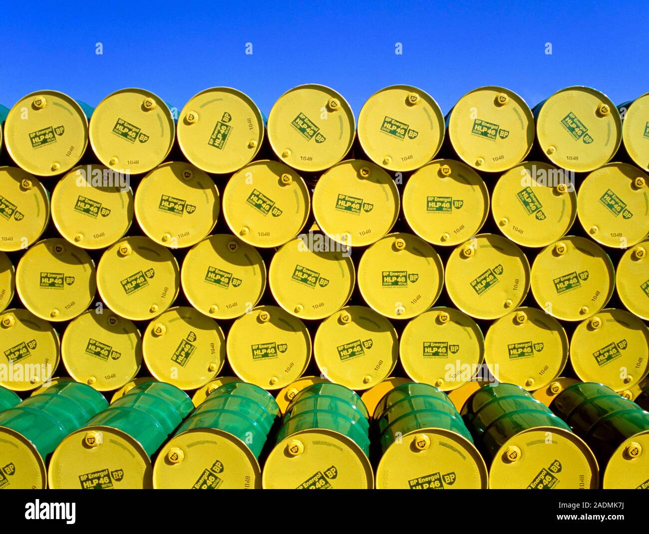 Oil drums. Oil drum store with the barrels stacked horizontally. Oil ...