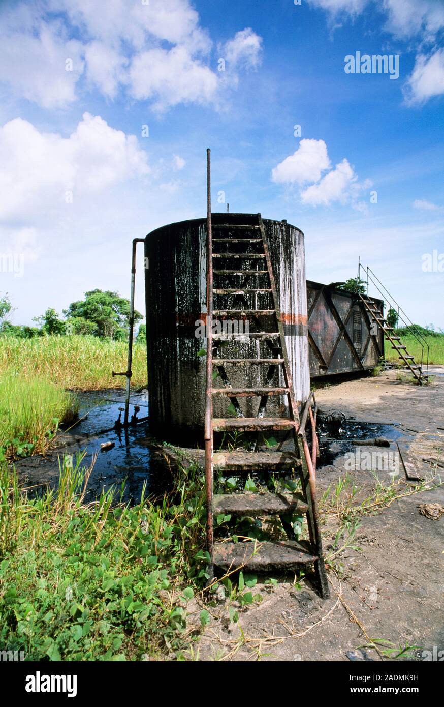 Crude oil storage. Container leaking crude oil, causing pollution of ...