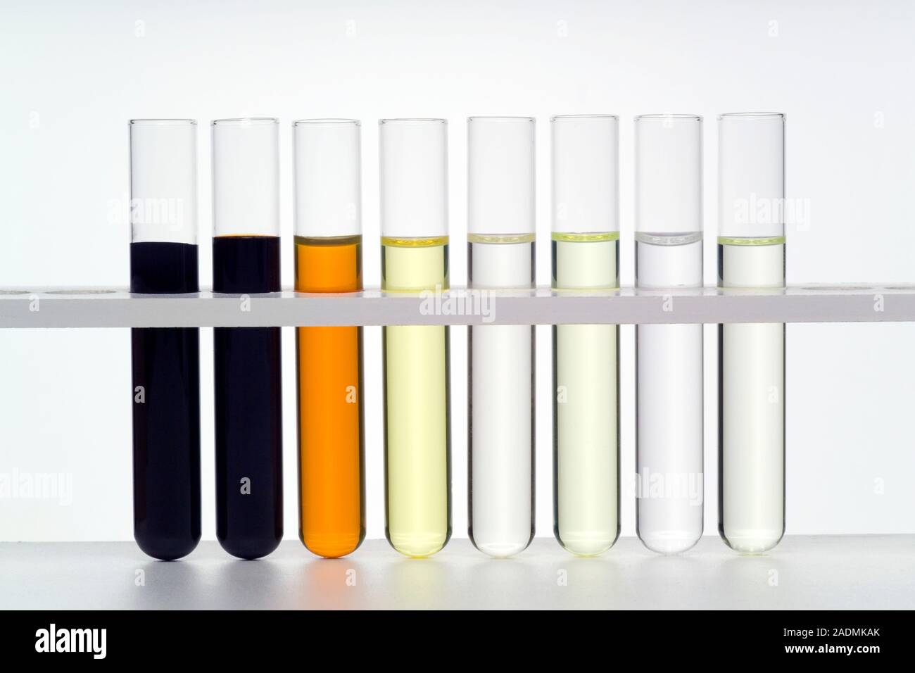Oil products. Test tubes of various products obtained from crude oil ...