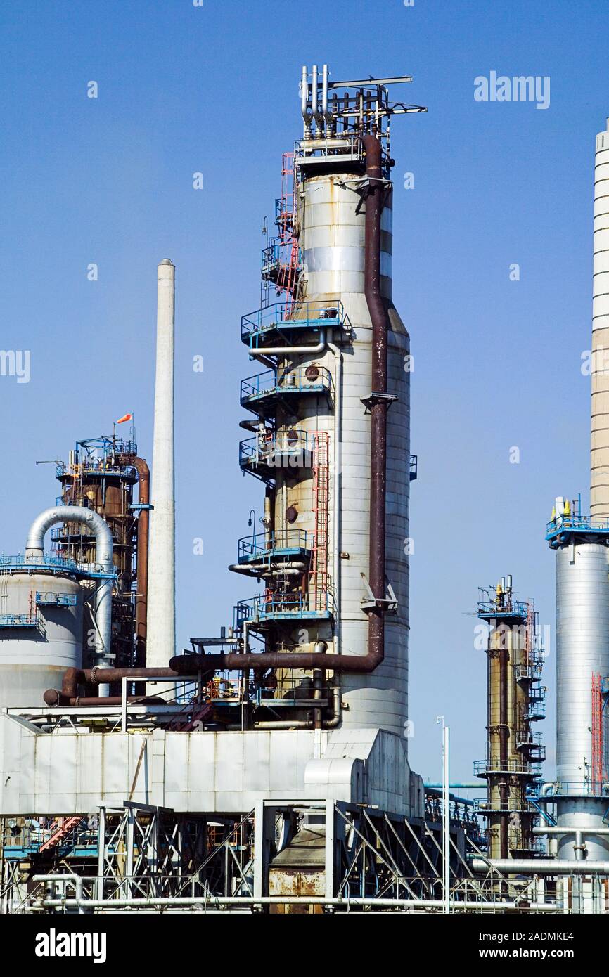 Oil refinery. This is an atmospheric pipestill, a distillation tower ...