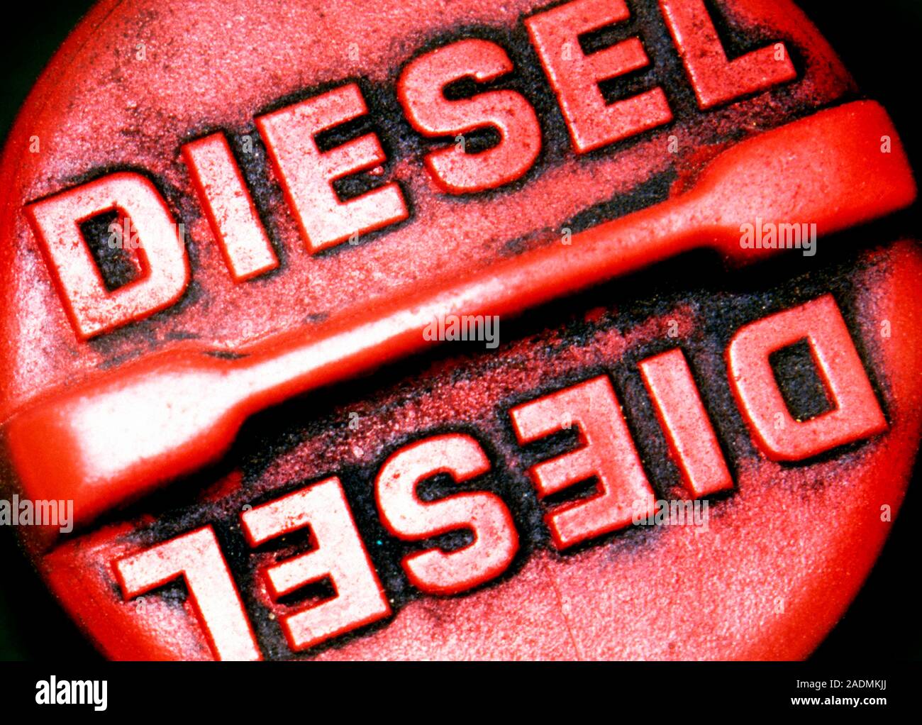 Diesel fuel cap. Close-up of a fuel cap labelled with the word 'diesel ...