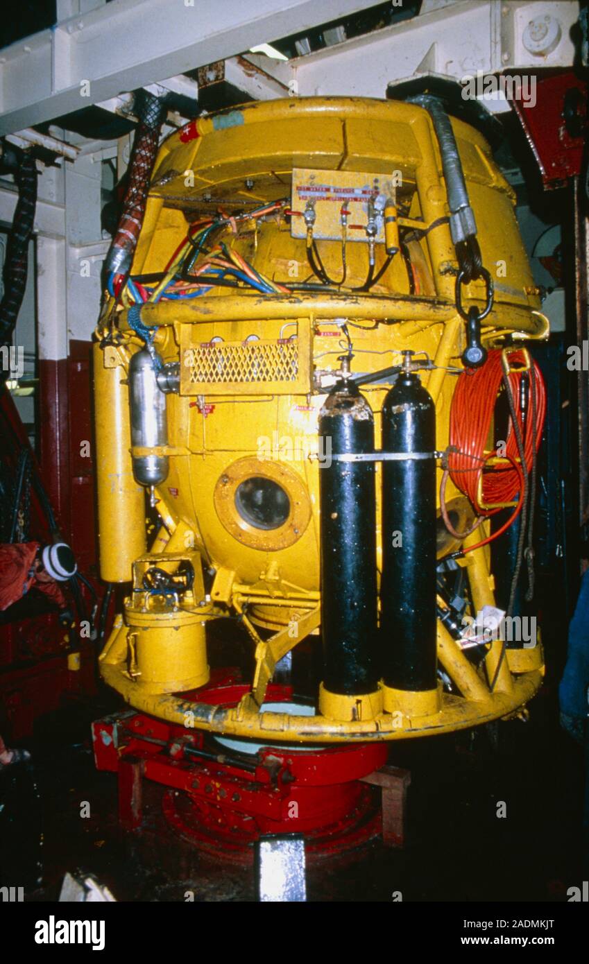 Diving bell housed on a diving ship showing the emergency breathing gas ...