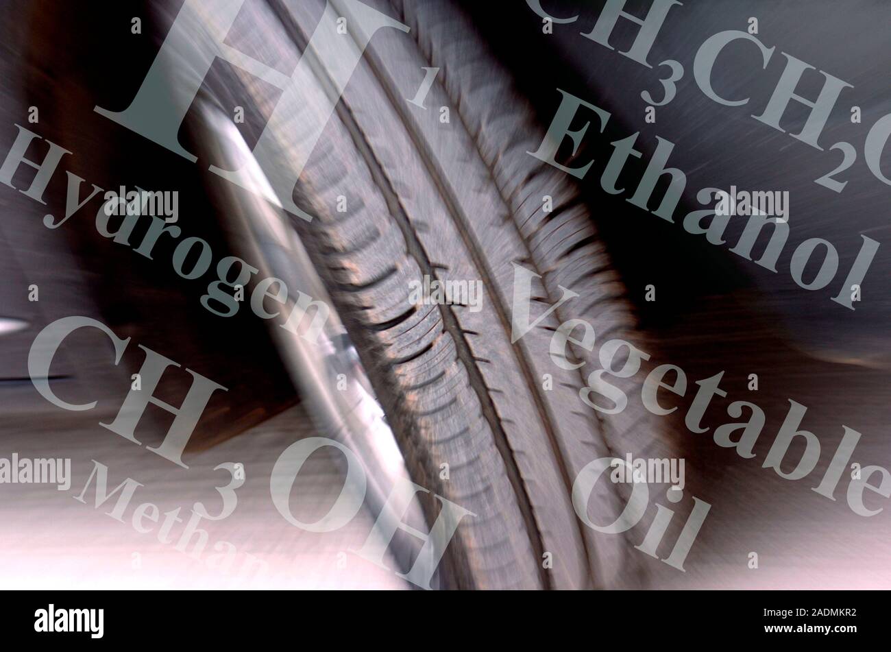 Alternative fuels. Conceptual image of a tyre with the names and ...