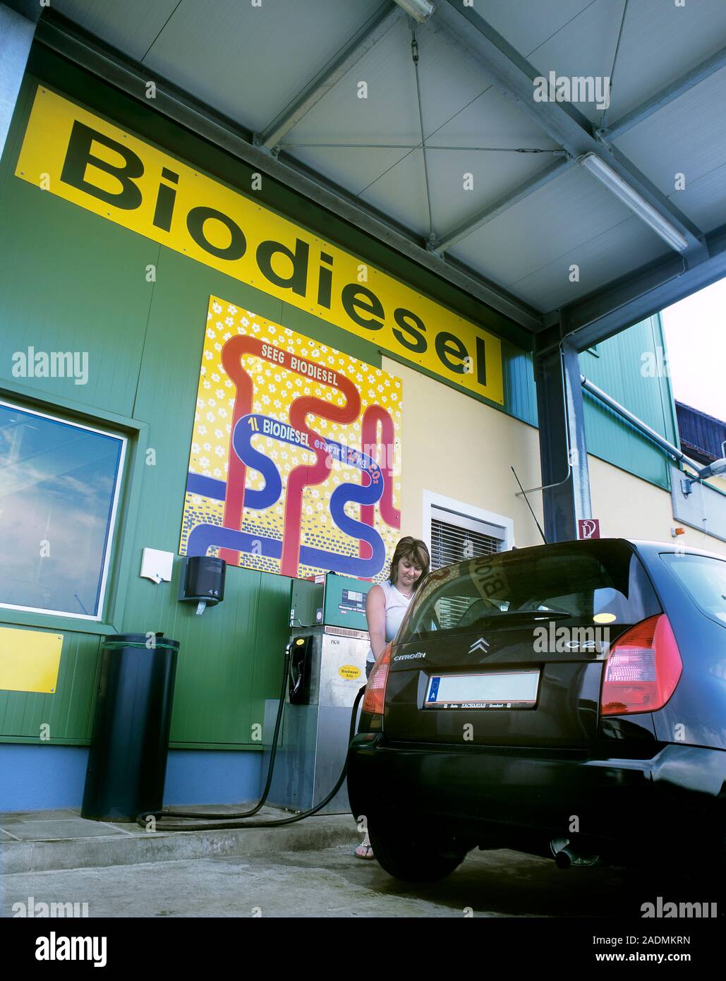 MODEL RELEASED. Biodiesel pump. Woman filling her car with biodiesel at ...