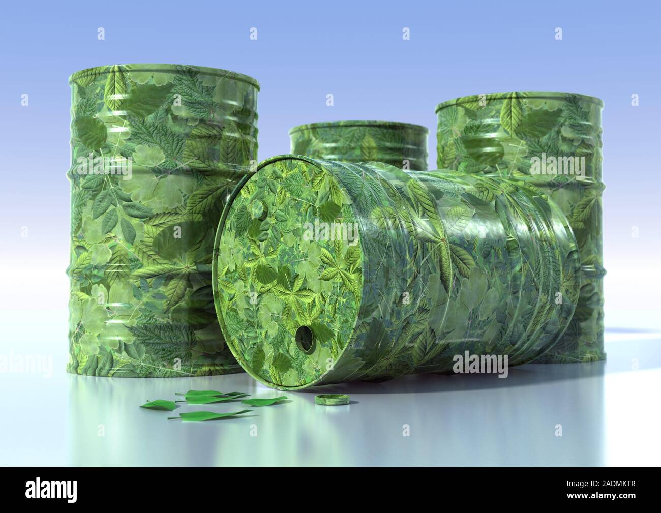 Biodiesel, conceptual artwork. Fuel containers with plant leaves on ...