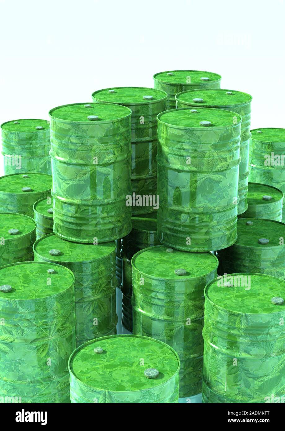 Biodiesel, conceptual artwork. Fuel containers with plant leaves on ...