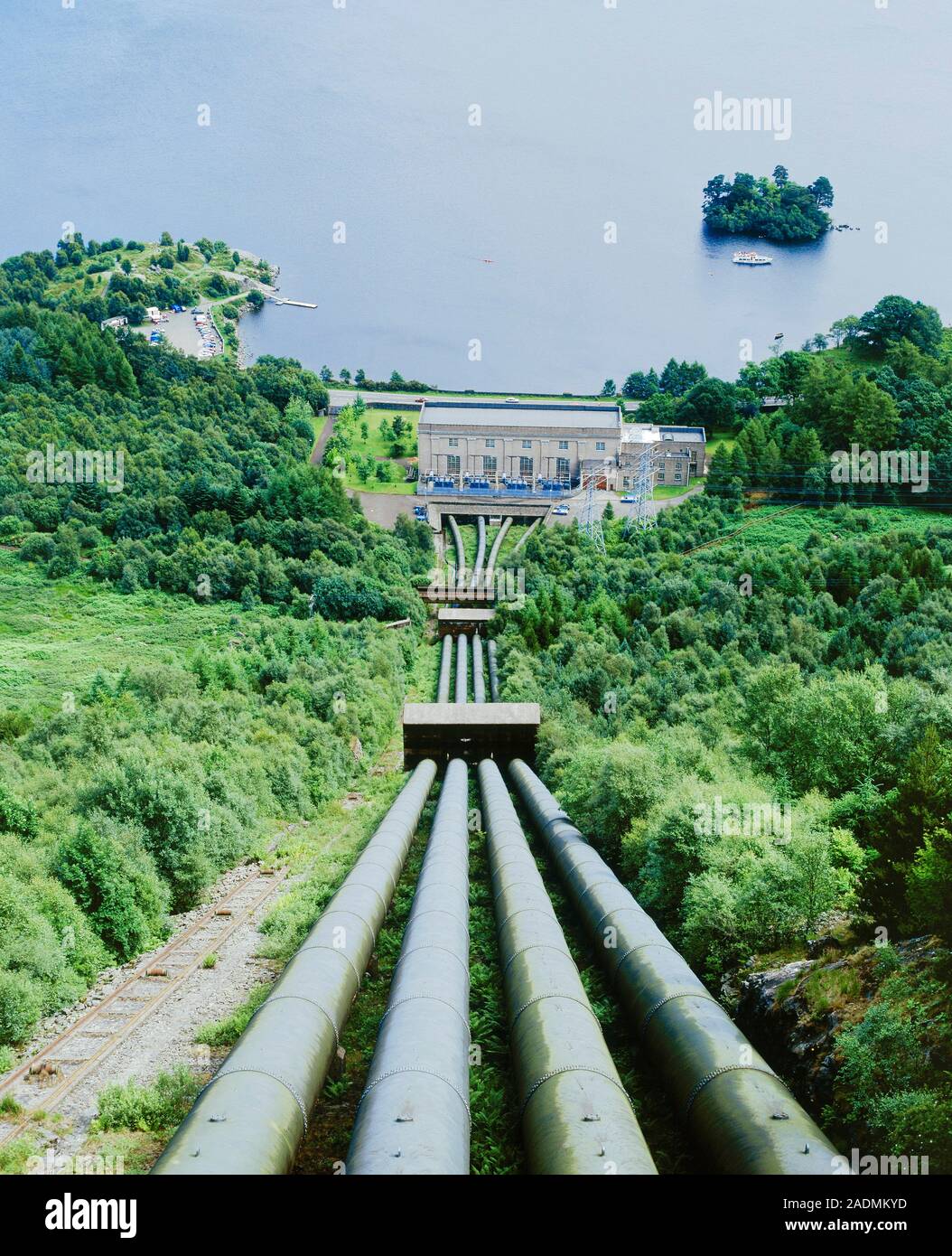 Feed pipes and turbine house of the Sloy power station, Scotland. Sloy ...