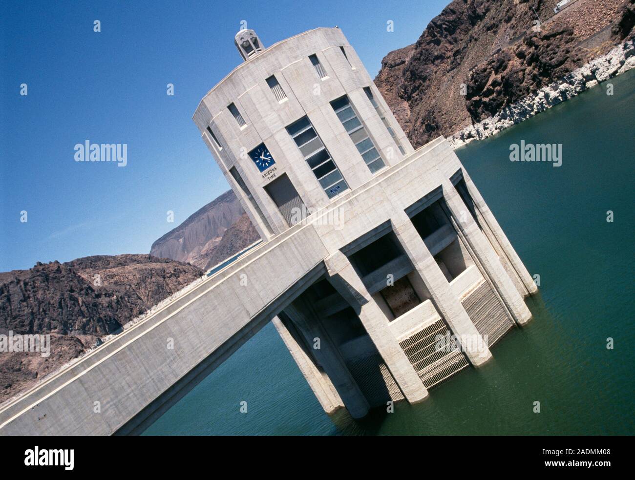 Hoover Dam. Hydroelectric power station intake tower in the reservoir ...