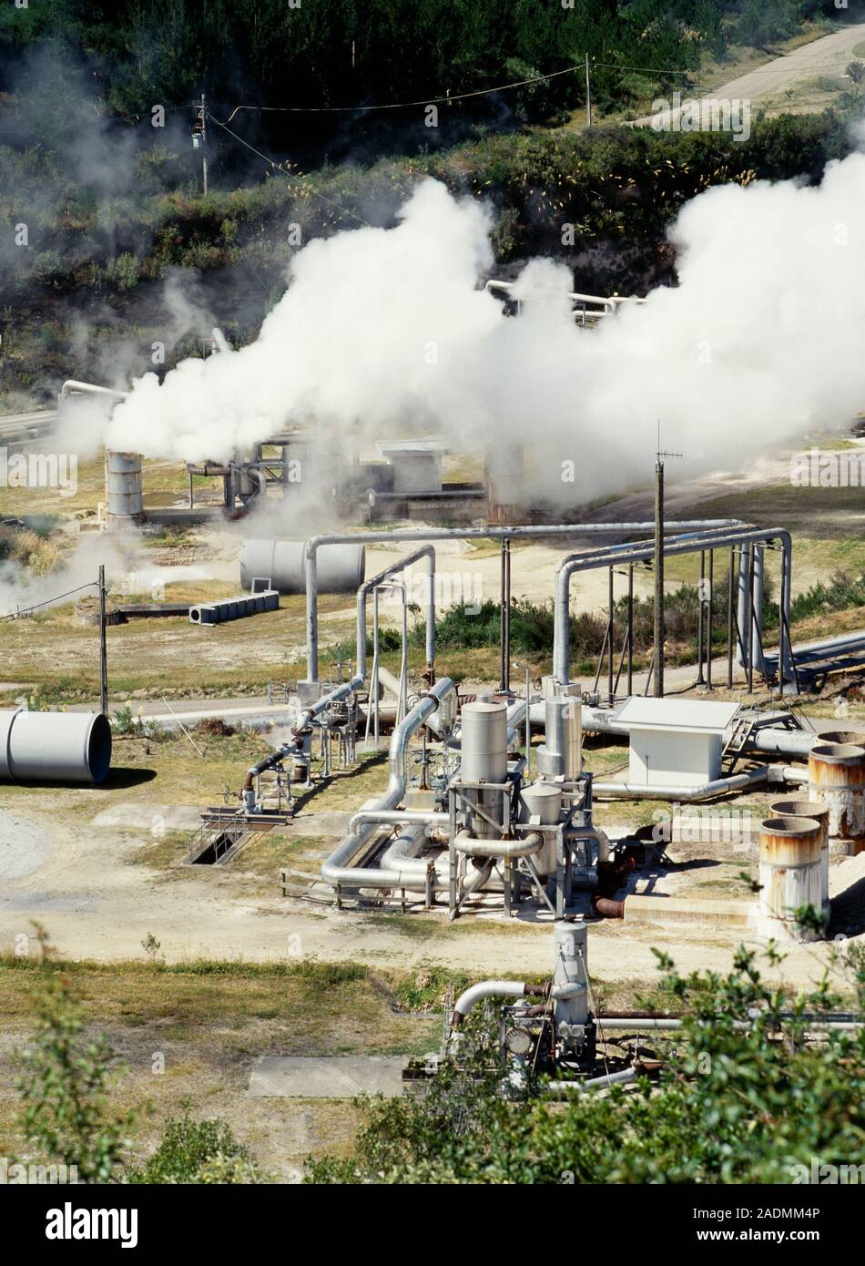 Geothermal power. Steam rising from vents at a geothermal power station ...