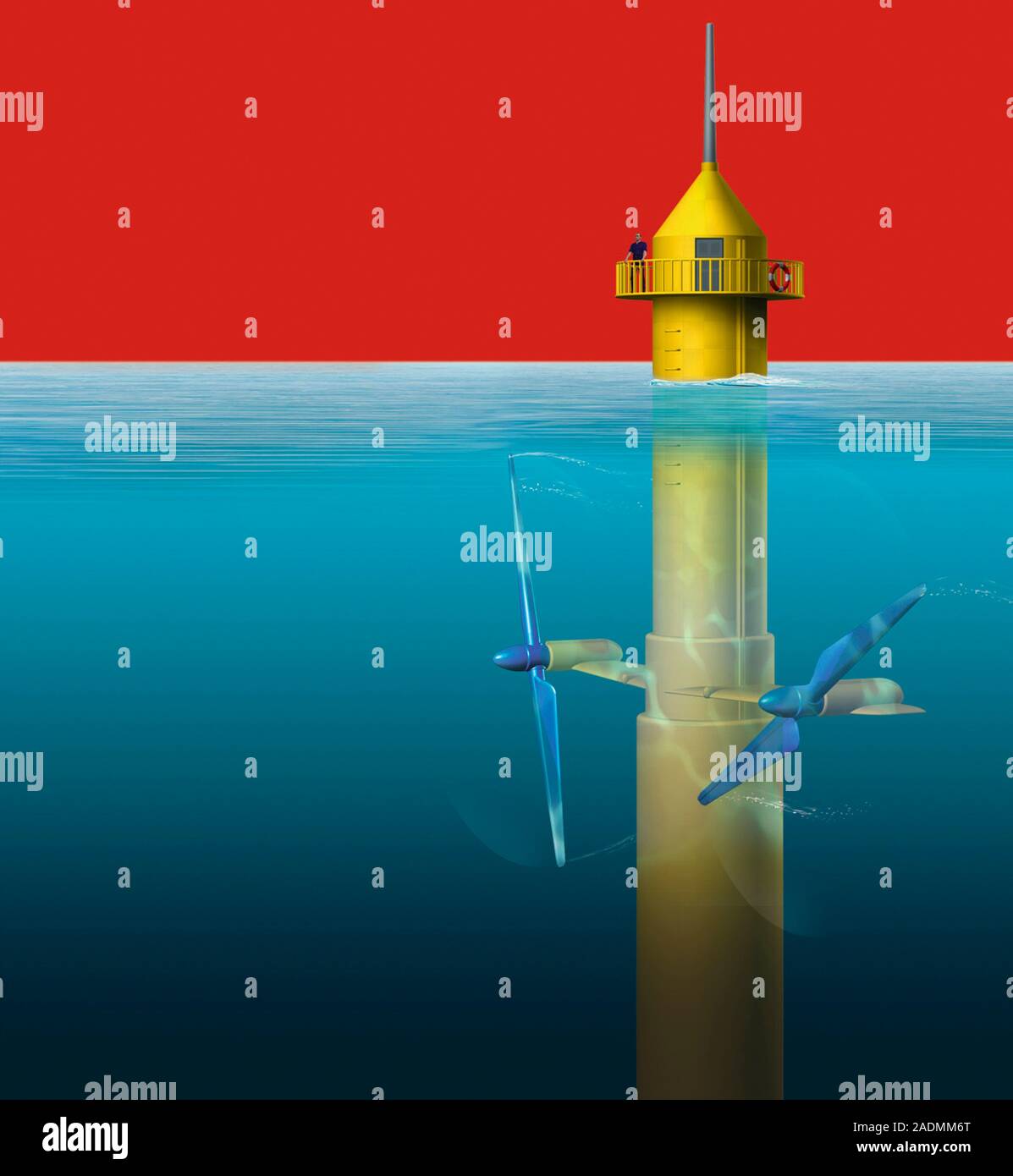 Tidal energy converter. Artwork of an offshore tidal turbine. Tidal ...