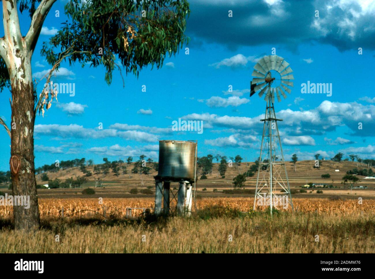 Wind-powered water pump and storage tank photographed in Queensland ...