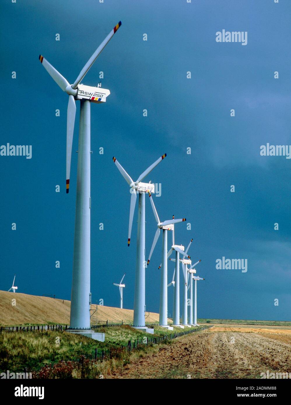 Wind energy. The Nordfriesland windpark near Niebull, North Germany ...
