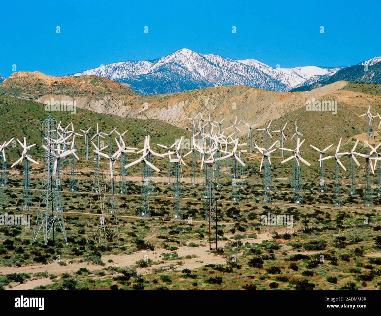 Wind power. View of a large wind farm in California. Wind turbines are ...