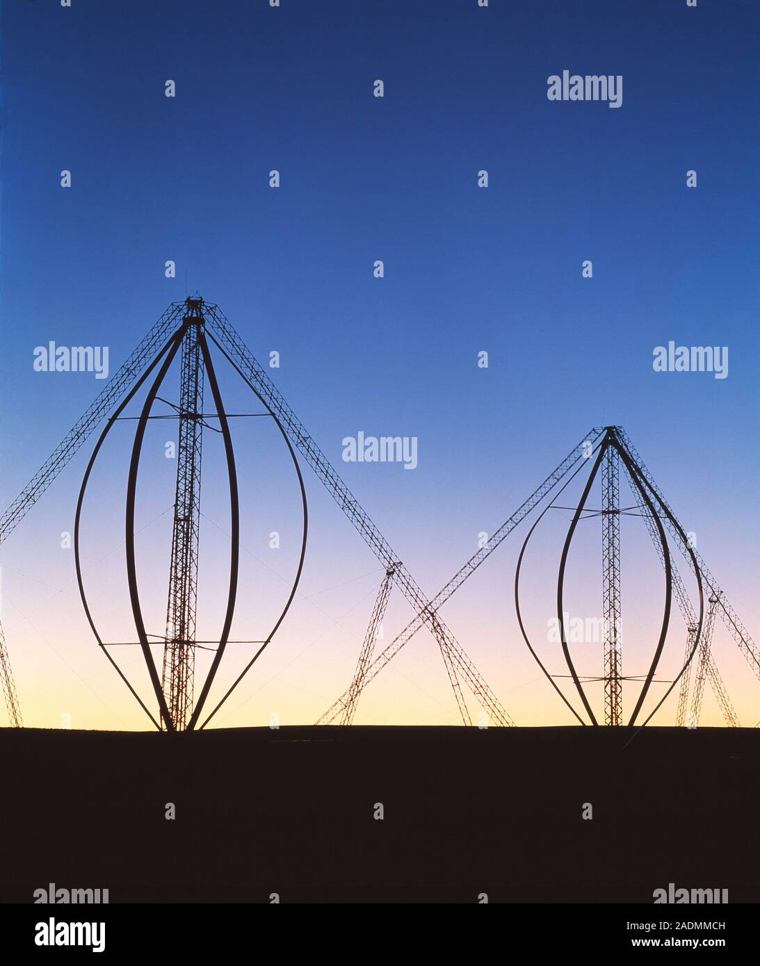 Wind turbines. Darrieus vertical axis wind turbines (VAWT). Each has ...