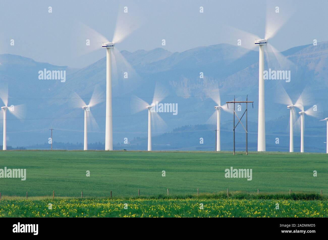 Wind turbines turning in the wind. They are used to generate ...