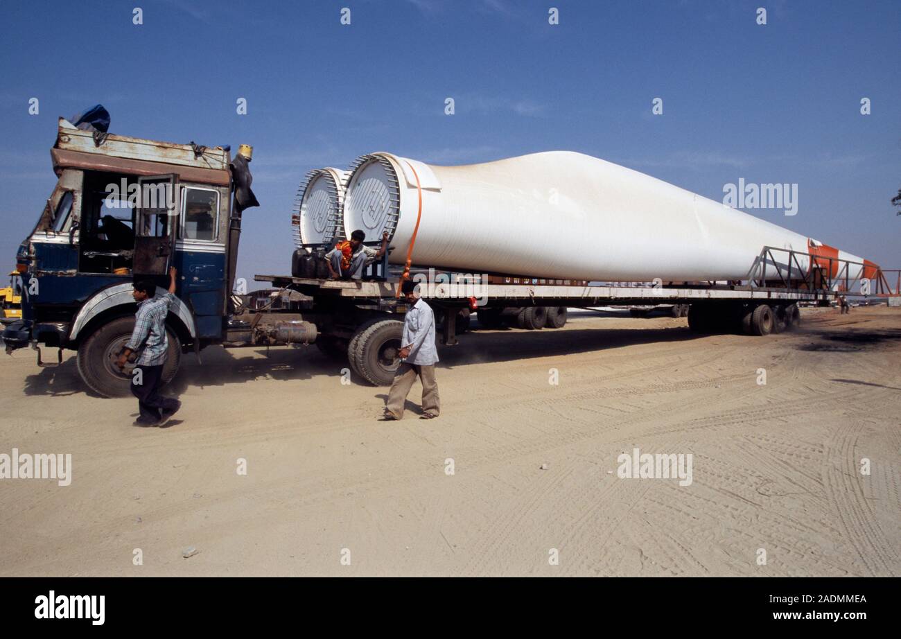 Wind turbines. Components of wind turbines being transported on the ...