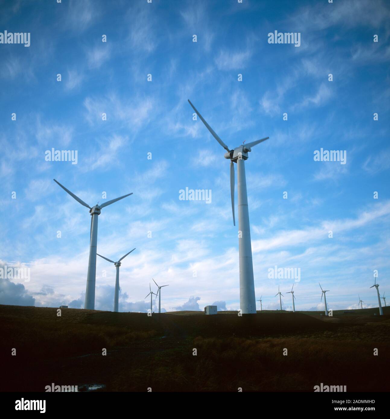 Wind turbines. Photographed at Llandinam Wind Farm, Powys, Wales, UK ...