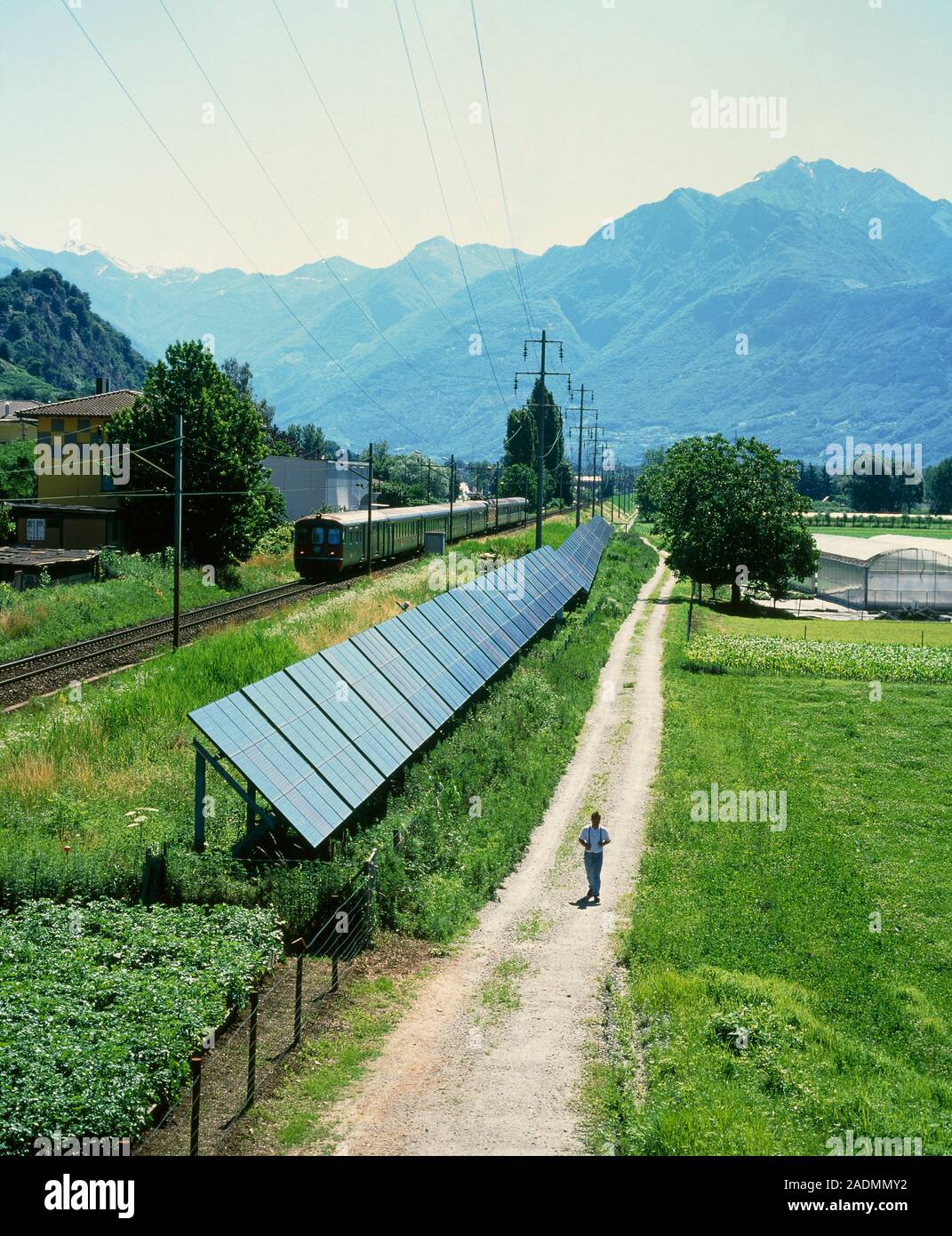 Solar power station. Array of solar panels (photovoltaic cells) forming ...