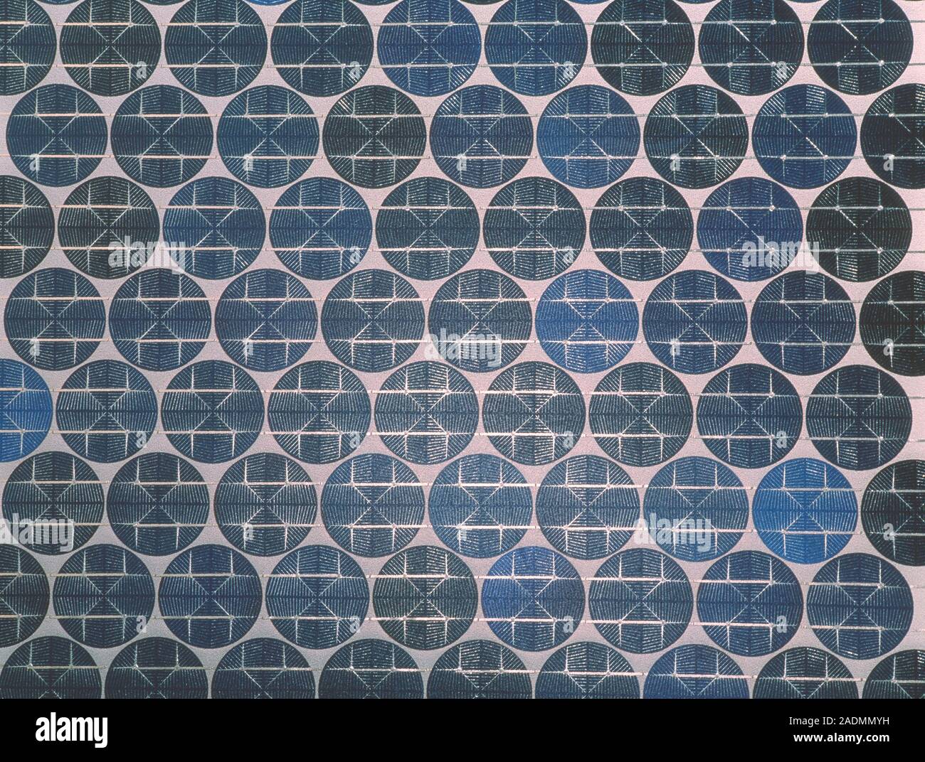 Solar panel composed of circular photovoltaic, or solar, cells ...