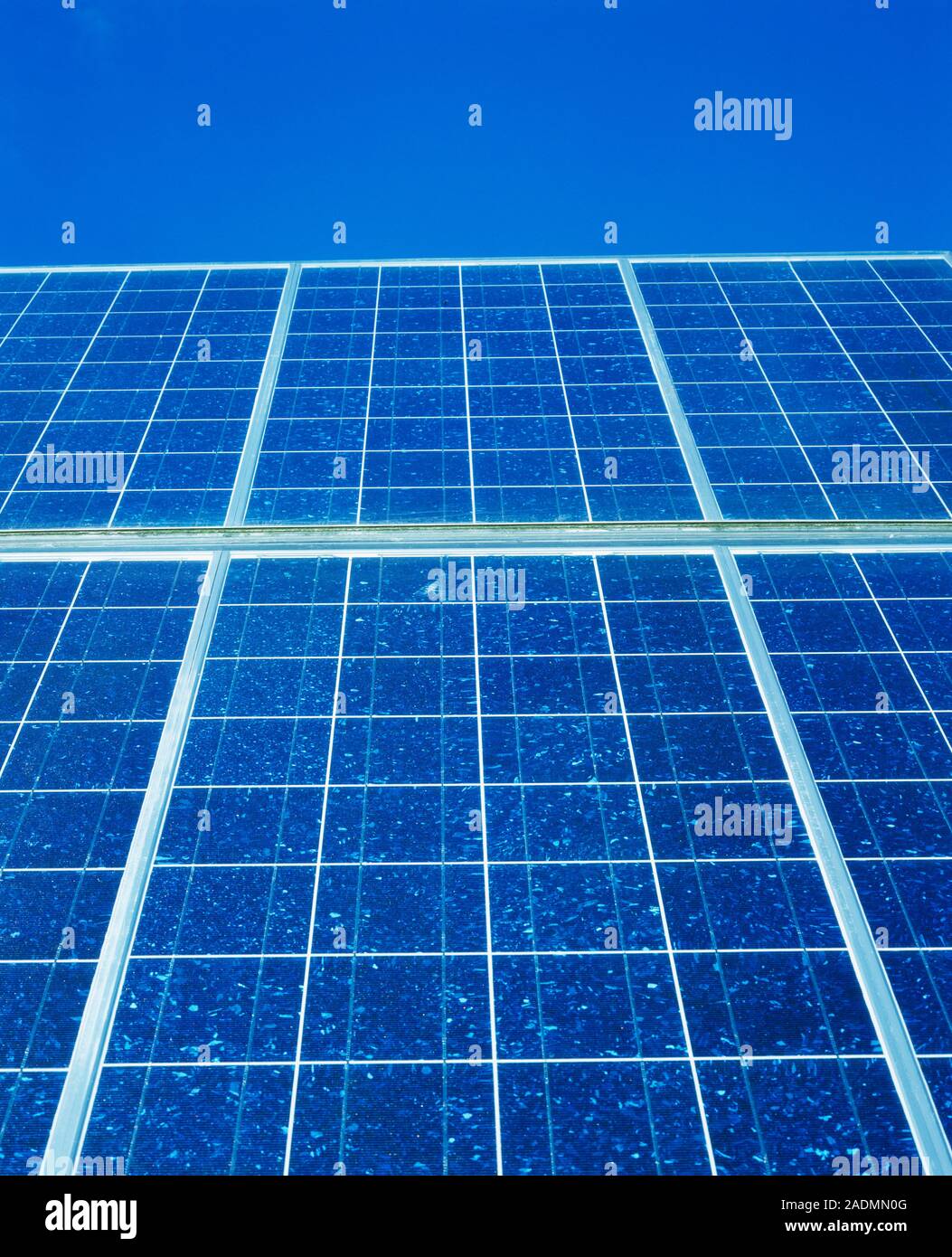 Solar panels, or photovoltaic cells, in full sunlight. These convert ...