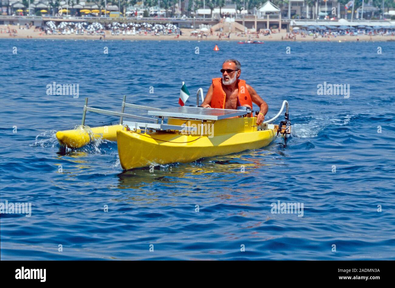 Solar-powered sea canoe. The canoe is powered by stored electricity ...