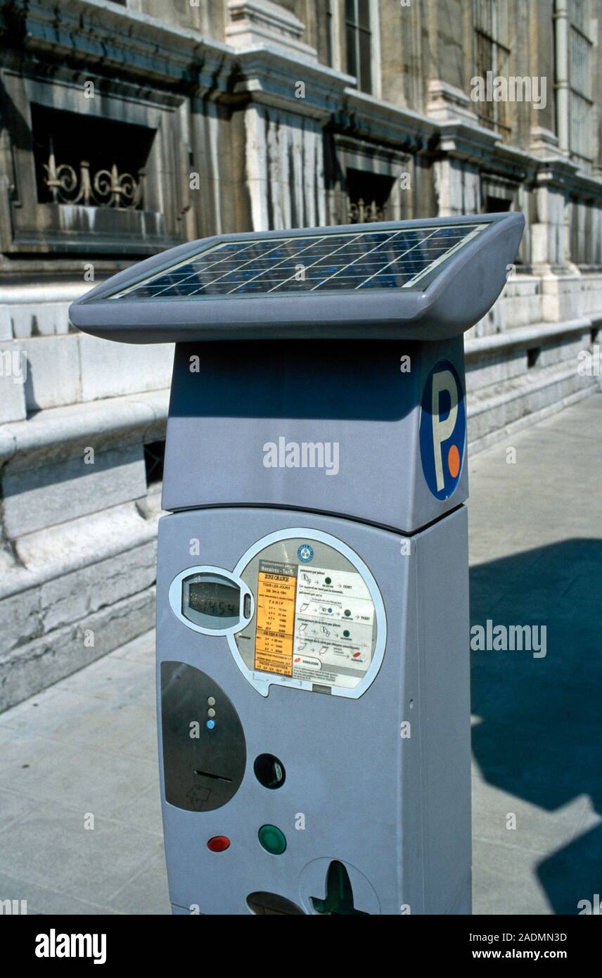 Solar-powered parking meter. This parking meter is powered by stored ...