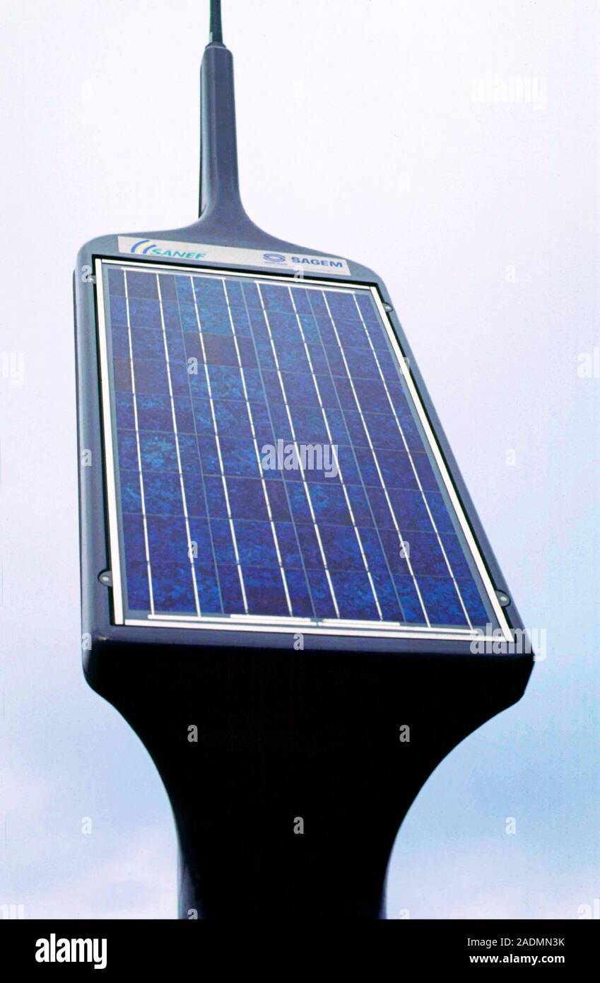 Solar panel for a motorway telephone. The solar panel (blue ...