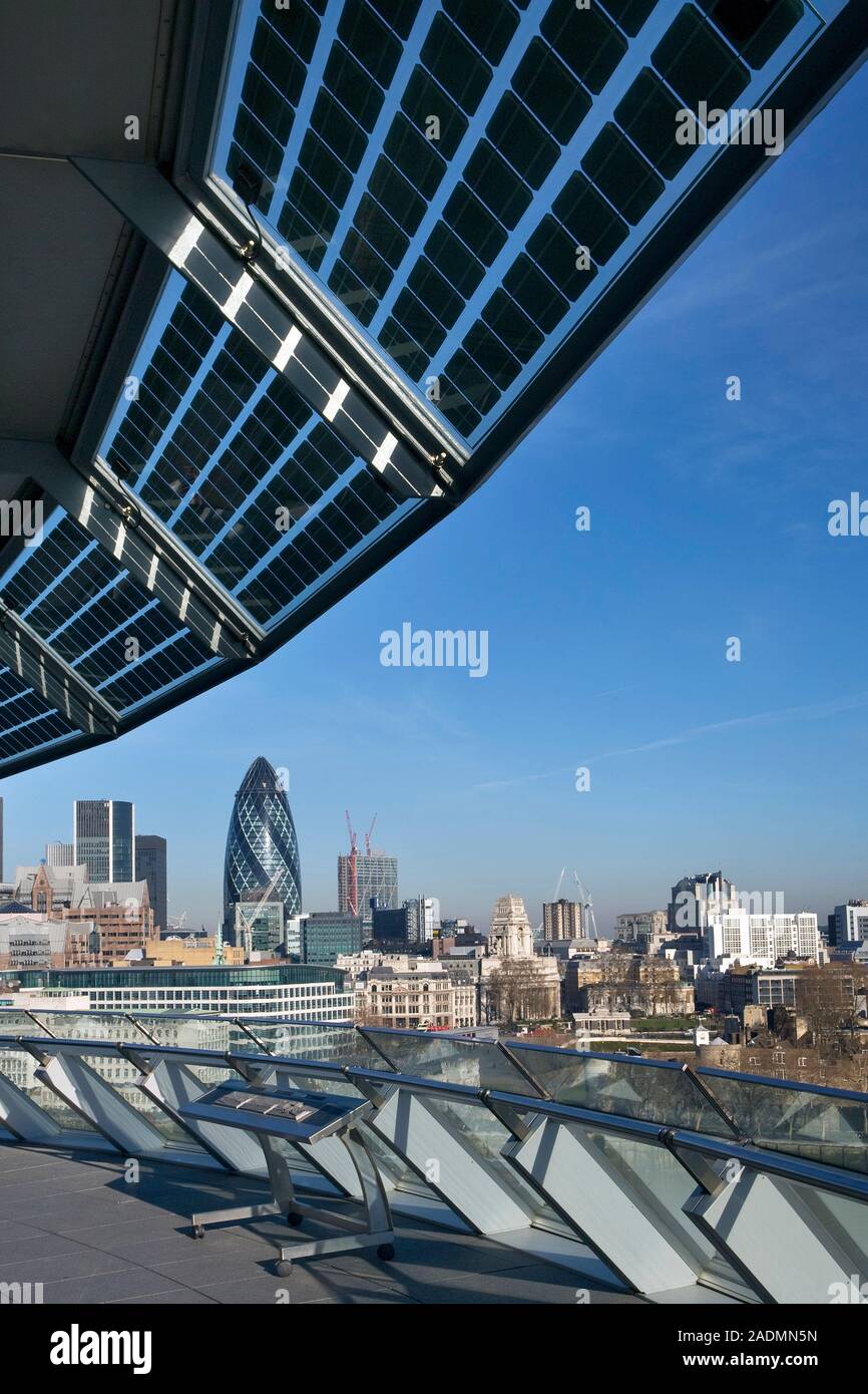 Solar panels on City Hall, London, UK. These photovoltaic solar panels ...