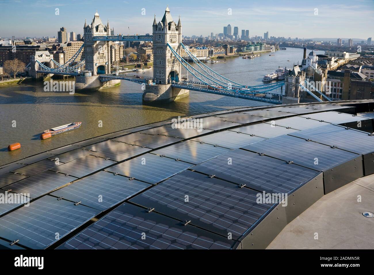 Solar panels on City Hall, London, UK. These photovoltaic solar panels ...