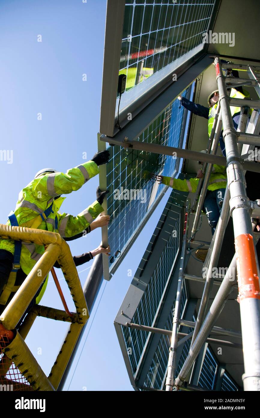 Solar panels on City Hall, London, UK. Photovoltaic solar panels being ...
