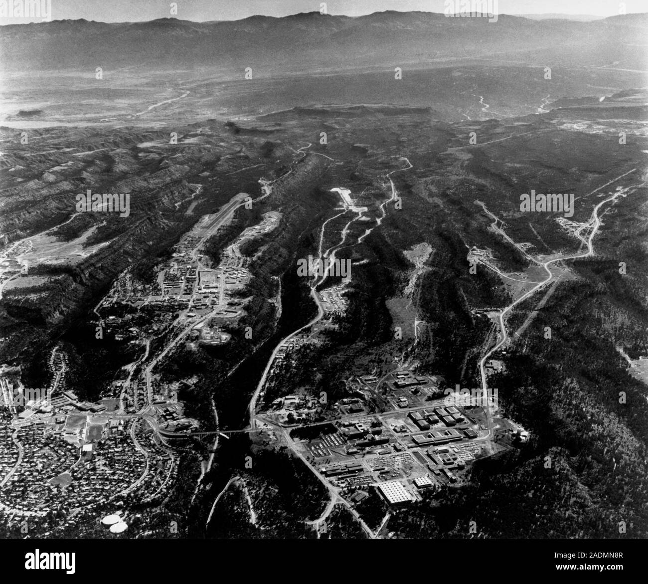 Manhattan Project. An aerial view of the Los Alamos site, seen during ...