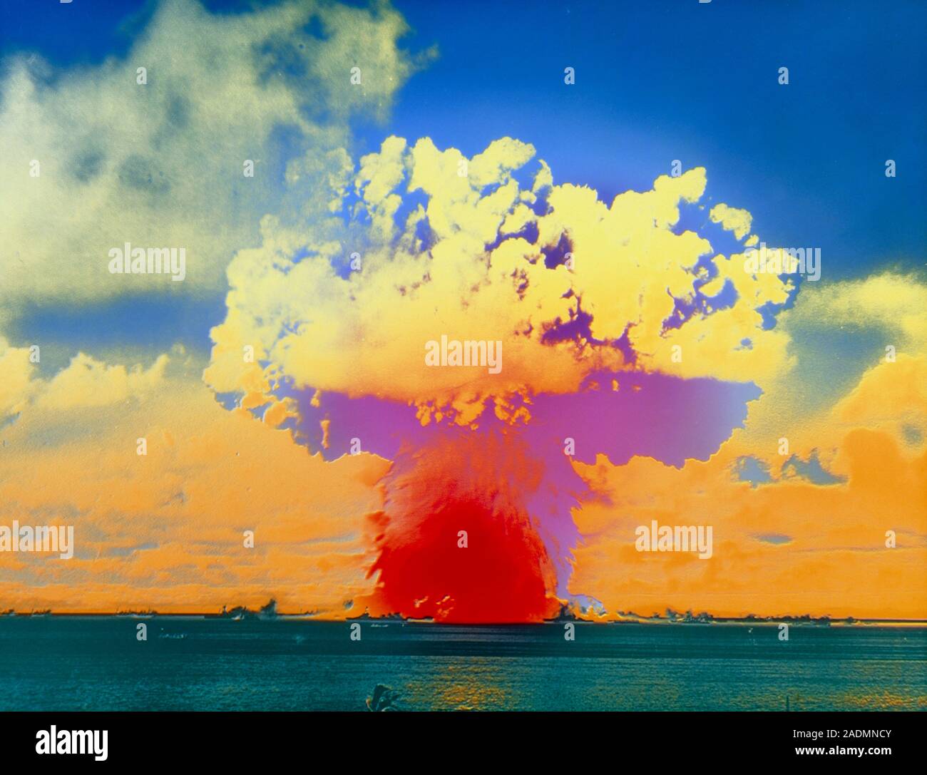 False-colour photograph of the mushroom cloud of water and radioactive ...