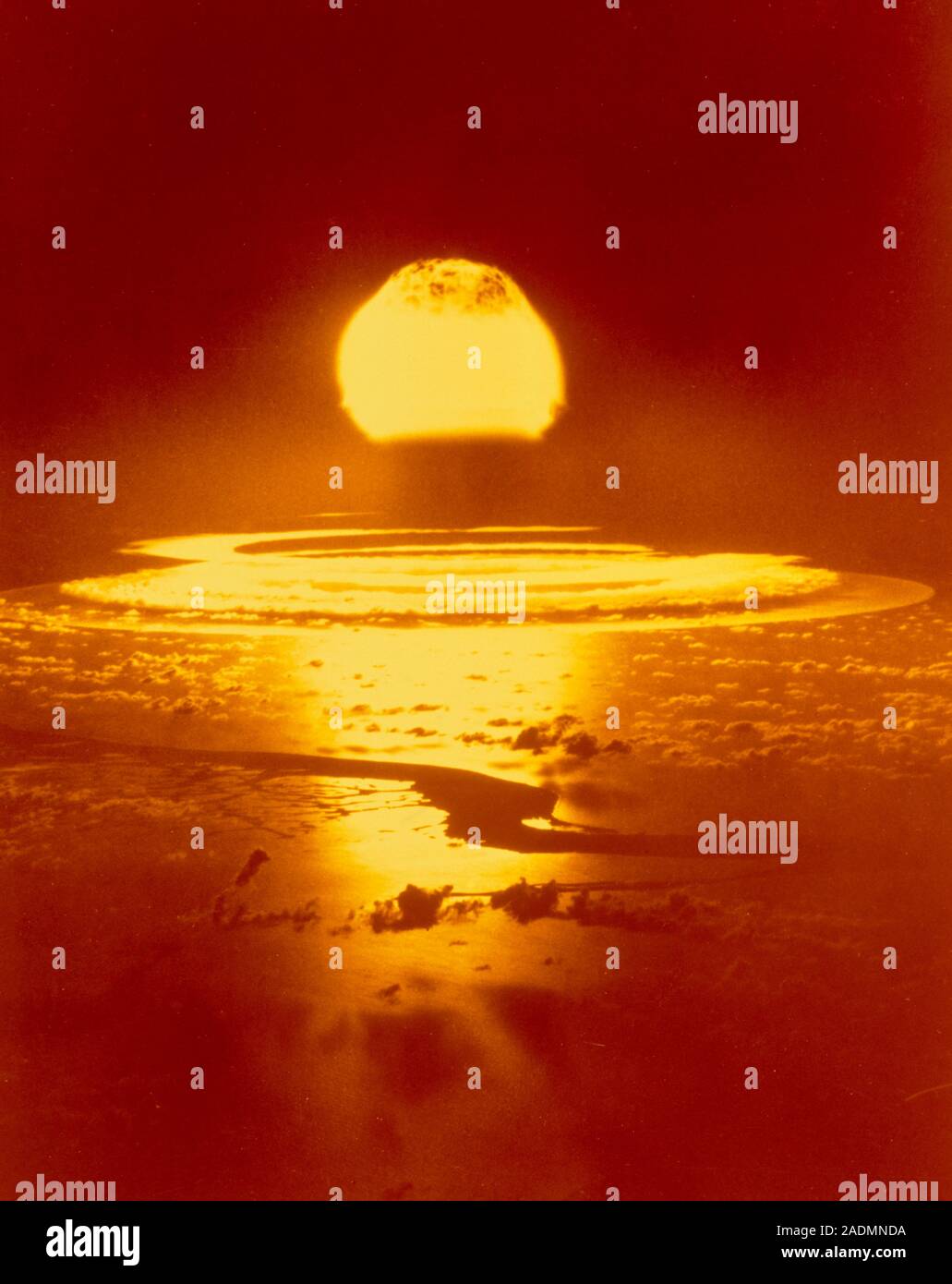 Coloured photograph of the mushroom cloud of water and radioactive ...