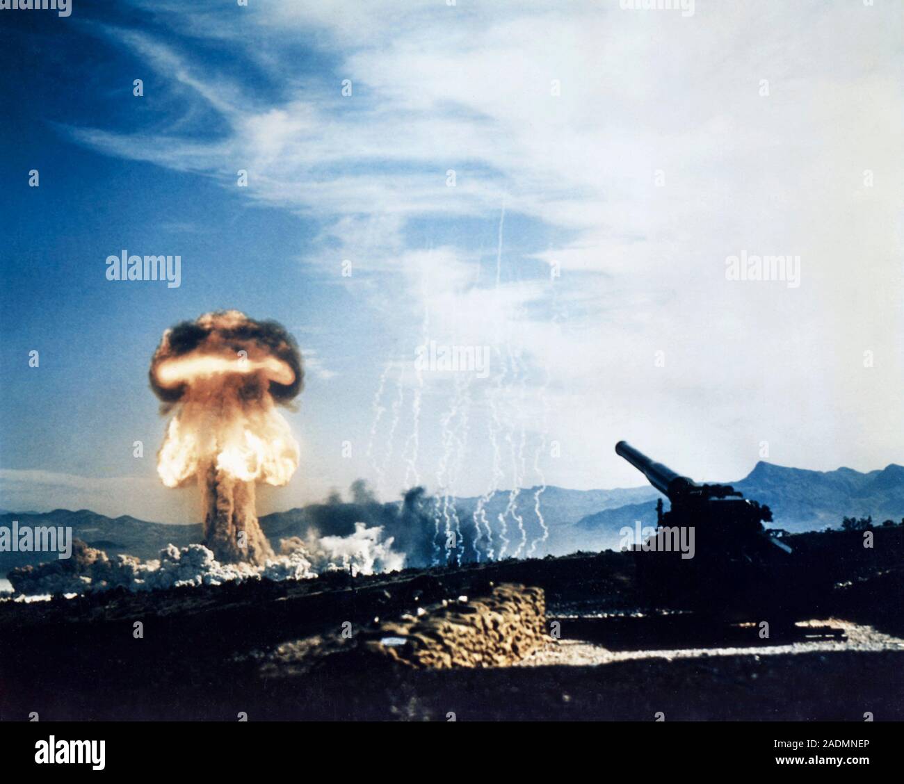 First atomic artillery gun. Mushroom cloud rising (left) following the ...