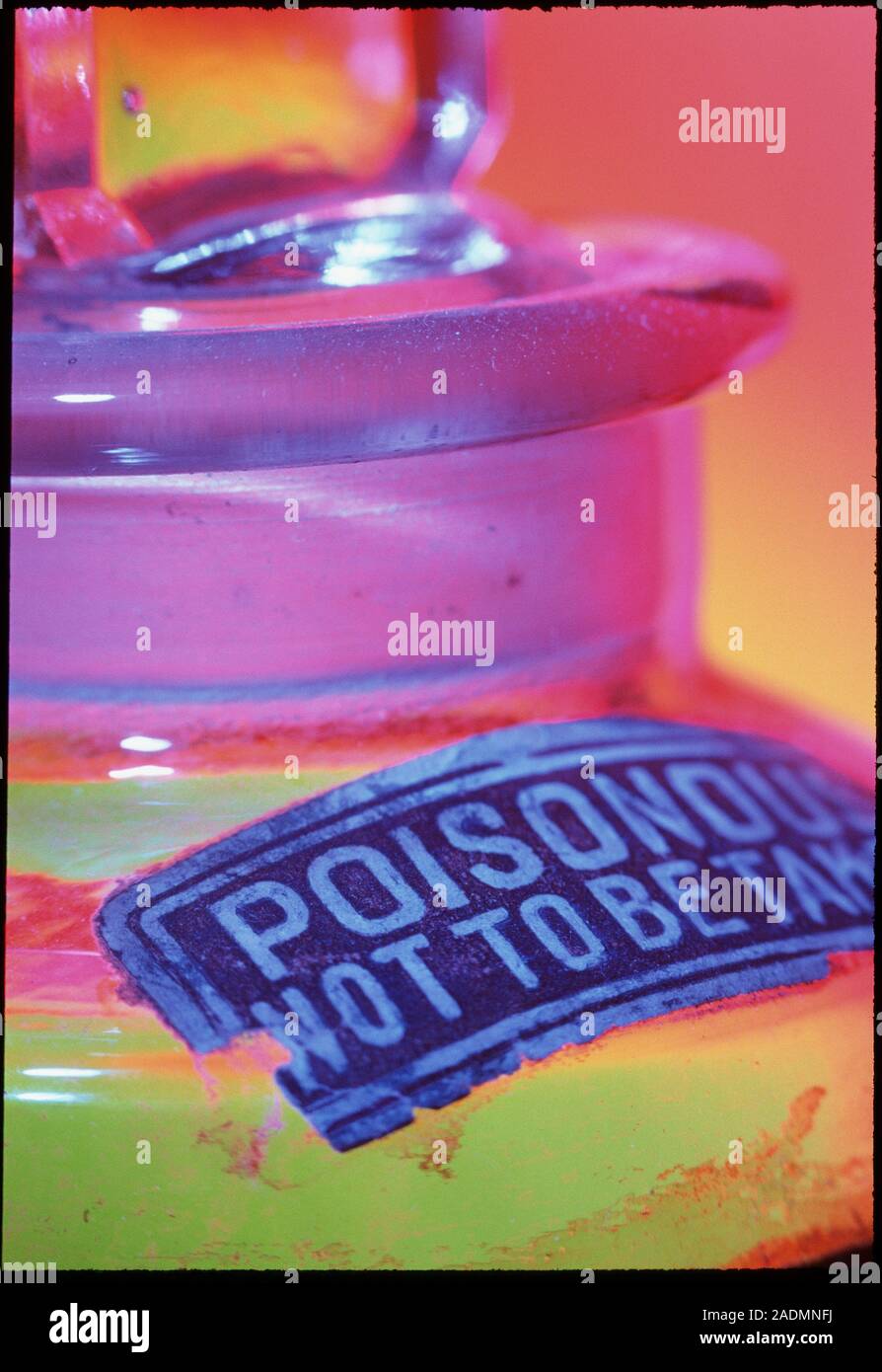 Poison sign. Label reading Poisonous. Not to be taken" on a stoppered ...