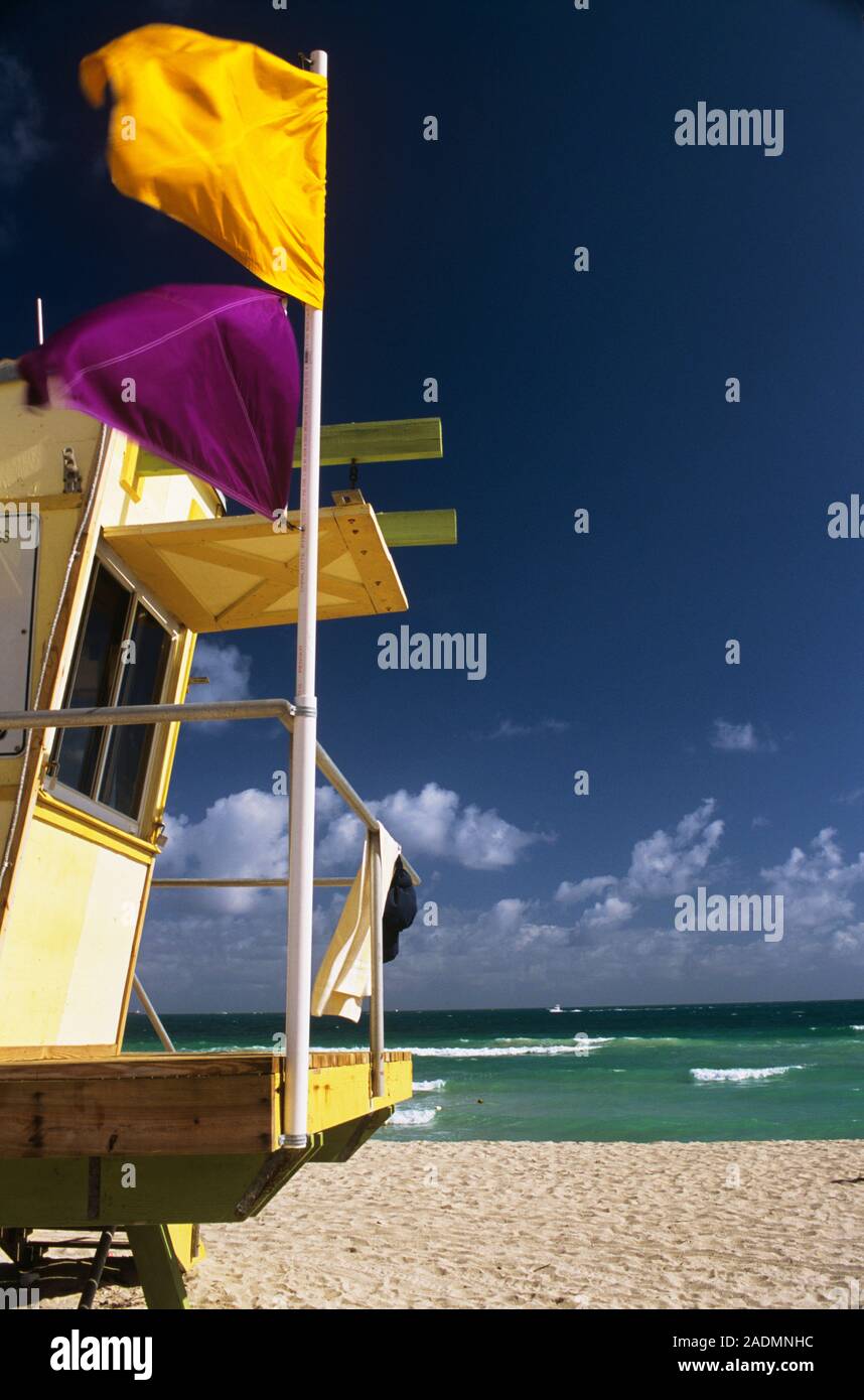 Beach warning flags. Flags being used at a beach to warn people of ...
