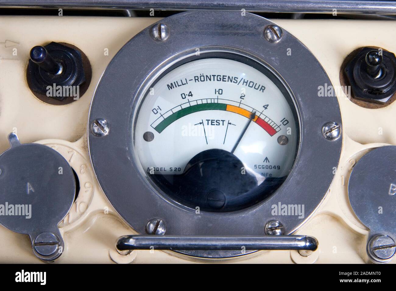 Radiation meter. Close-up of the display on a British military ...