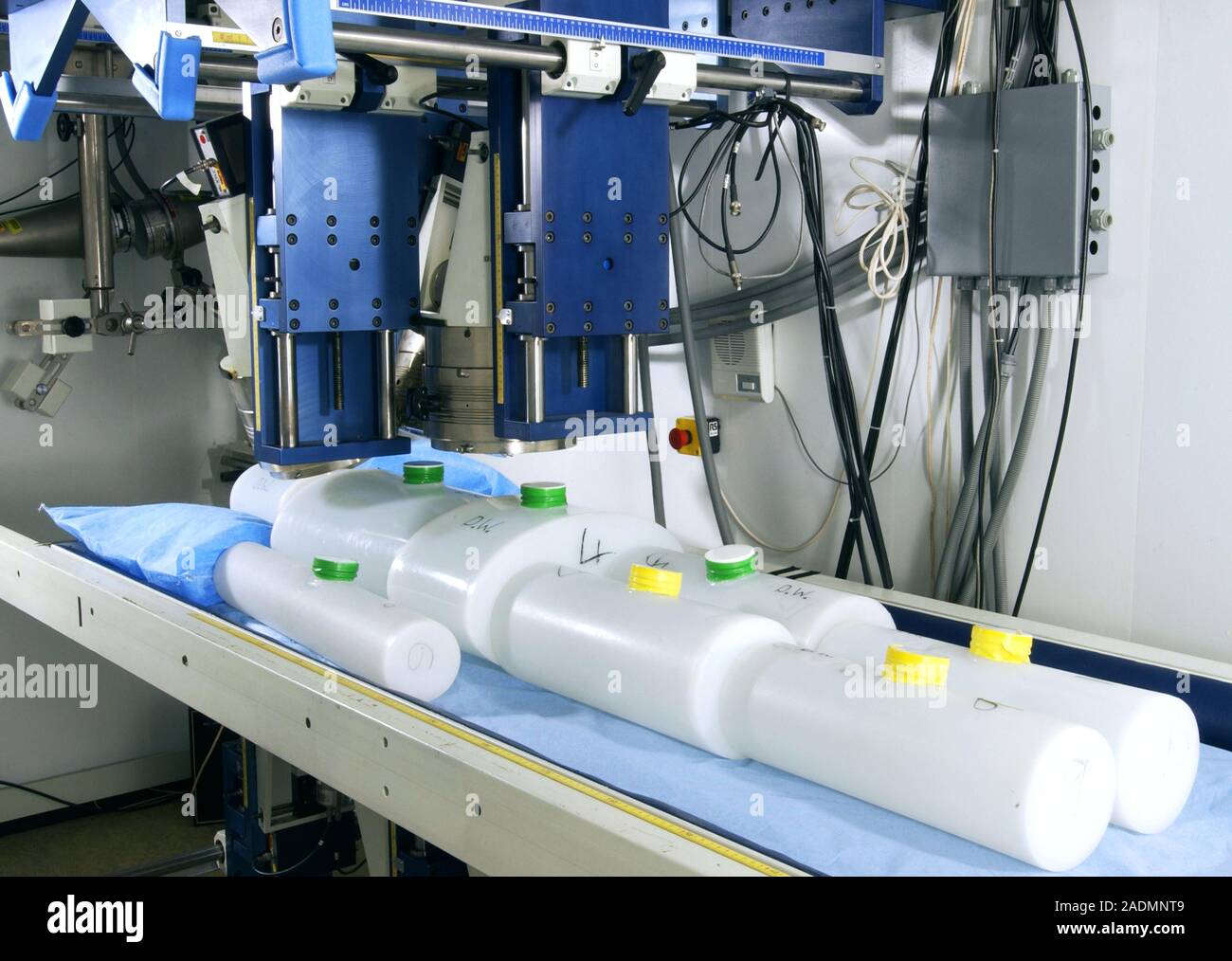 Whole-body radiation monitor. Dummy being used to test a whole-body ...