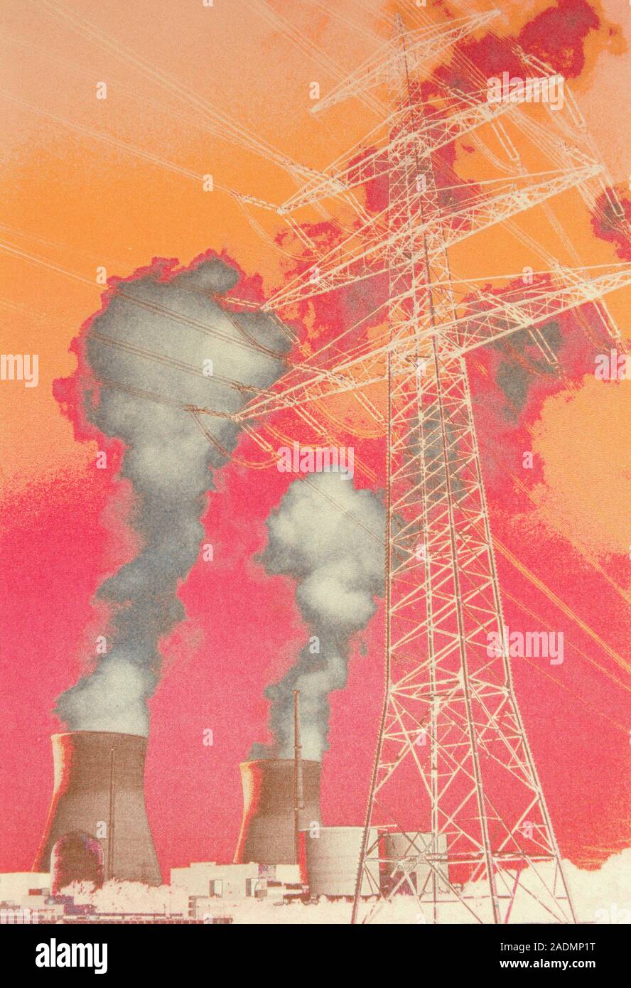 Nuclear power station. Computer-enhanced view of a nuclear power ...