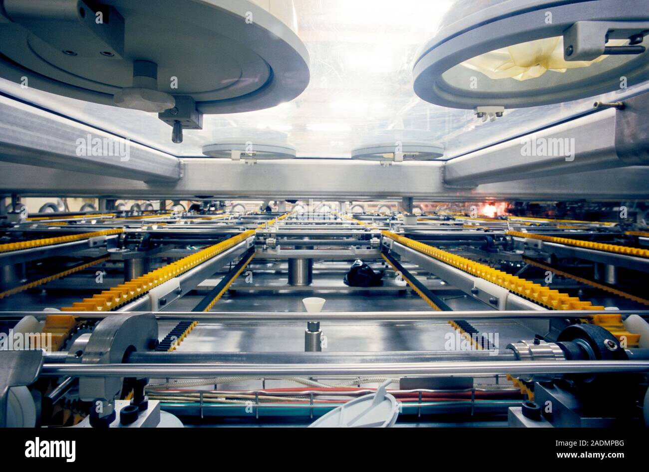 Nuclear fuel assembly. Internal view of the glove boxes used to load ...